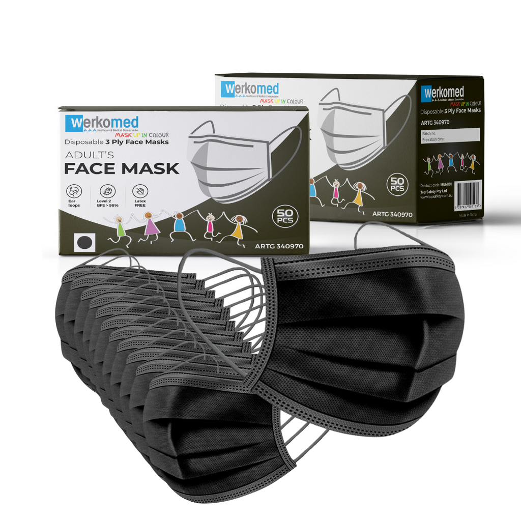 Werkomed Black Face Mask 3 Ply 50 Pack With Earloops | PPE Supplier